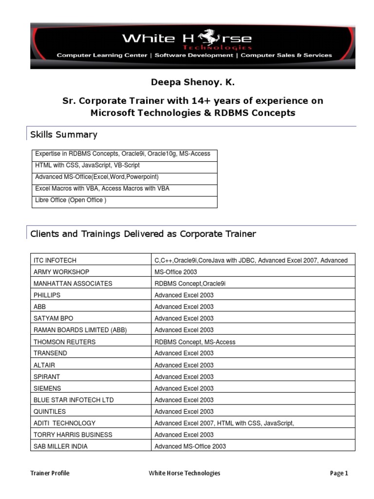 Deepa Shenoy: Corporate Trainer Profile | PDF | Visual Basic For ...