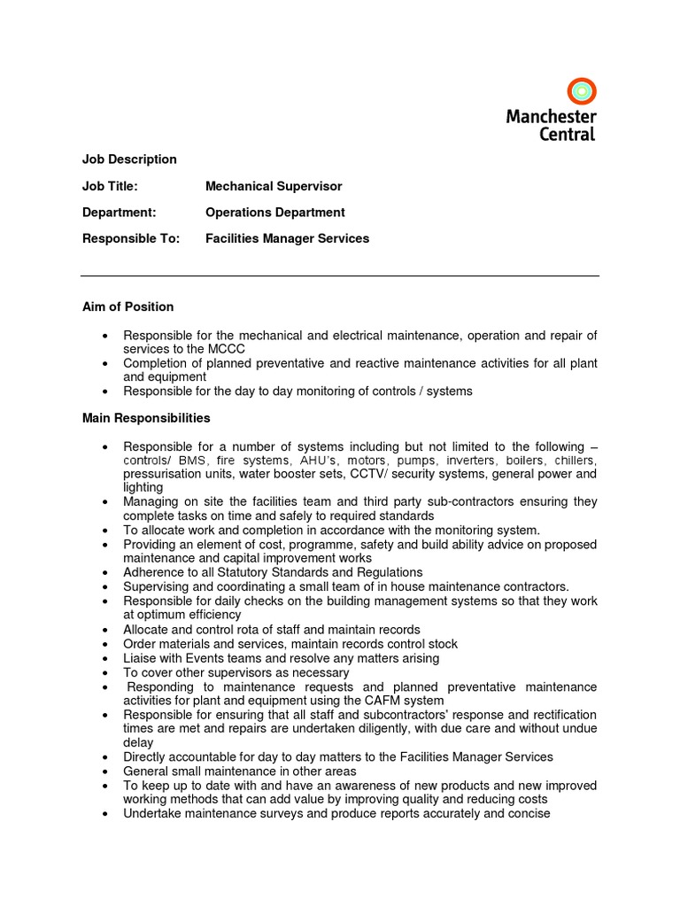 Mechanical Supervisor Job Description | PDF | Occupational Safety And ...