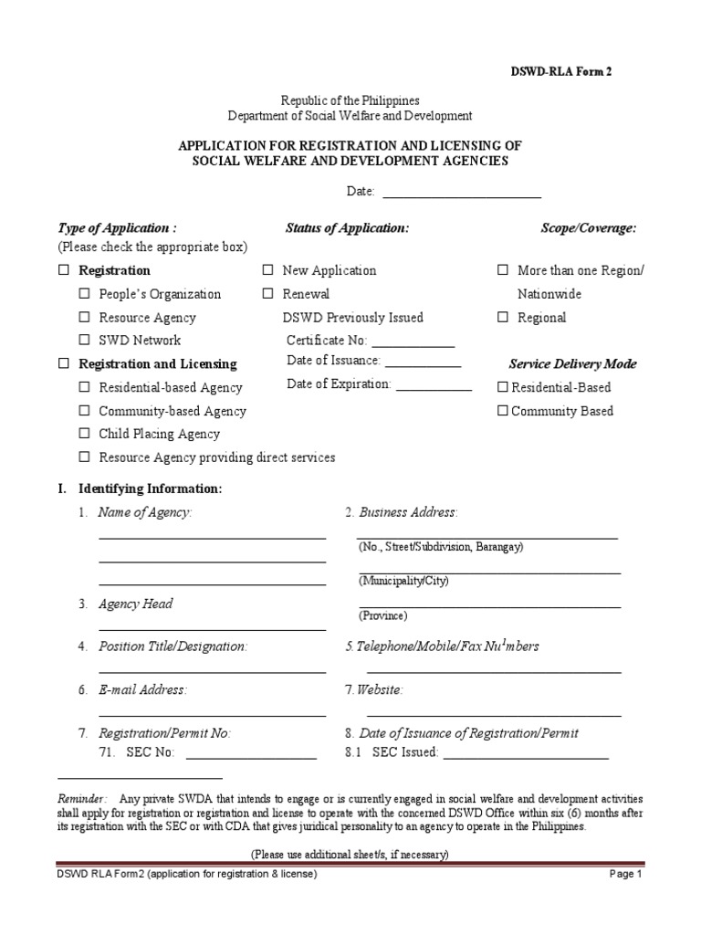 Dswd-Rla Form 2 - Application Form For Reg License - Foundation | PDF | Government | Business