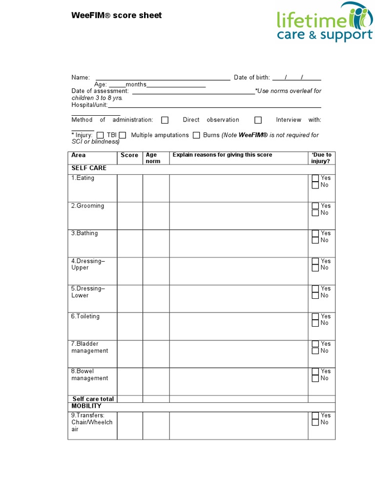 WeeFIM Score Sheet (MS Word) | PDF | Wheelchair | Clinical Medicine