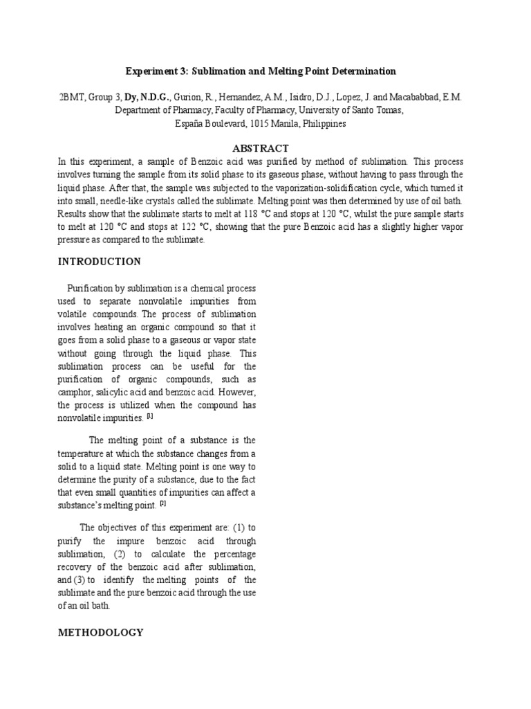 Experiment 3 Formal Report: Sublimation and Melting Point Determination ...