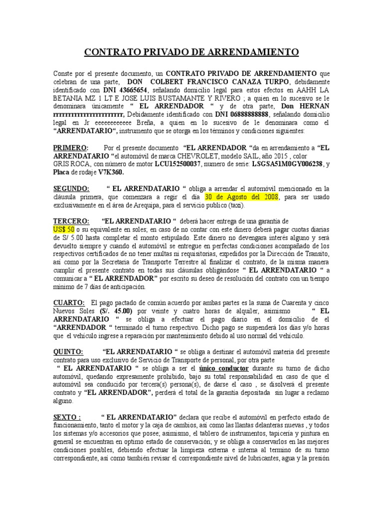 Contrato de arrendamiento de un vehículo para el servicio de taxi en ...