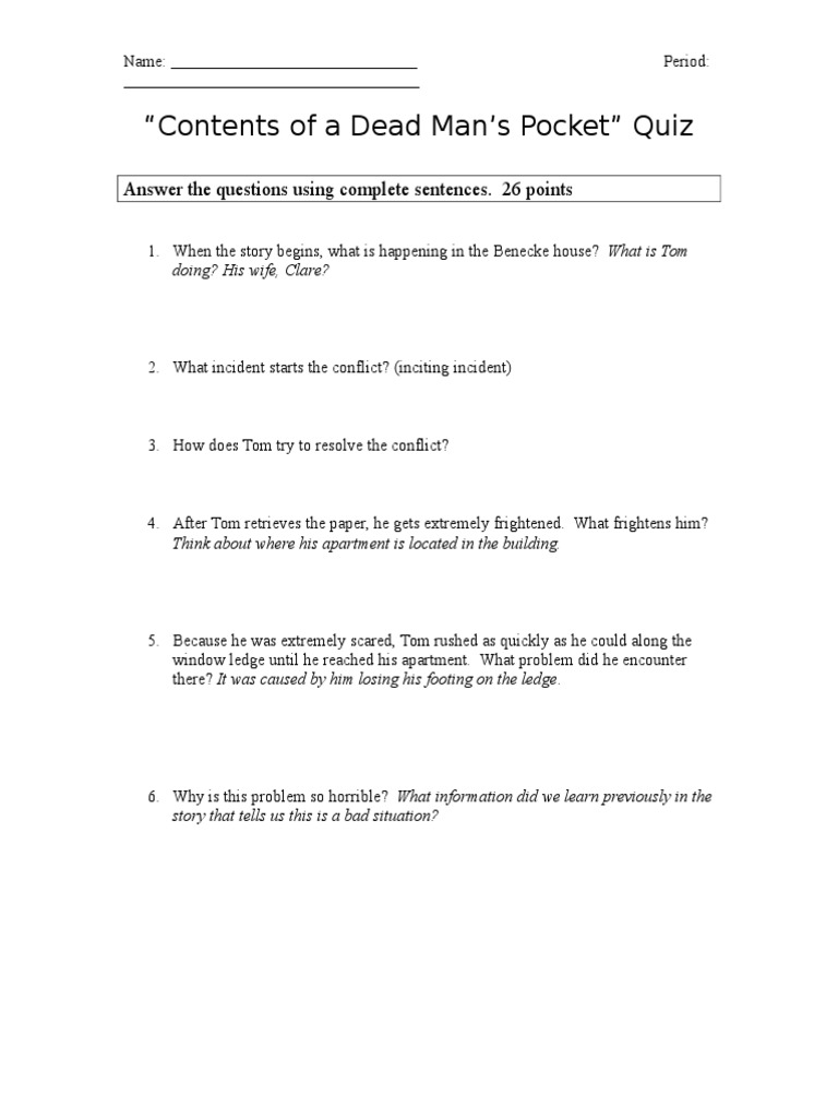 Literature Quiz: "Contents of a Dead Man's Pocket" | PDF