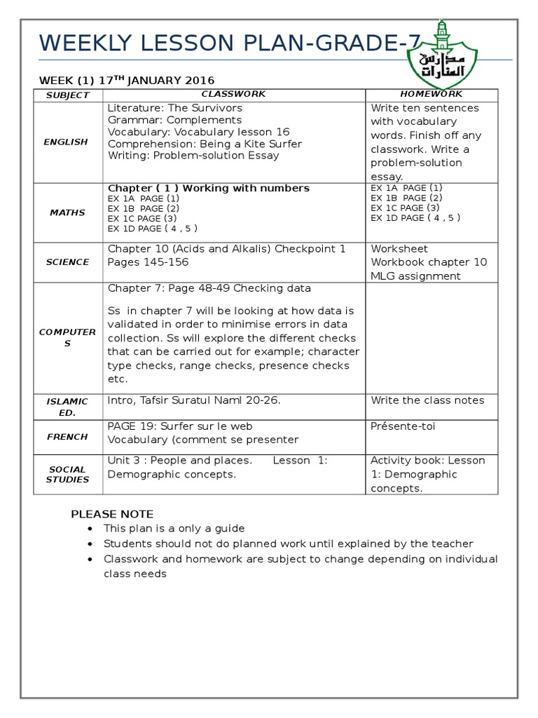 Grade 7 Weekly Lesson Plan | PDF