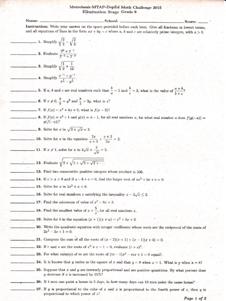 2015 Metrobank-MTAP-DepEd Math Challenge Elimination Grade 9 PDF | PDF