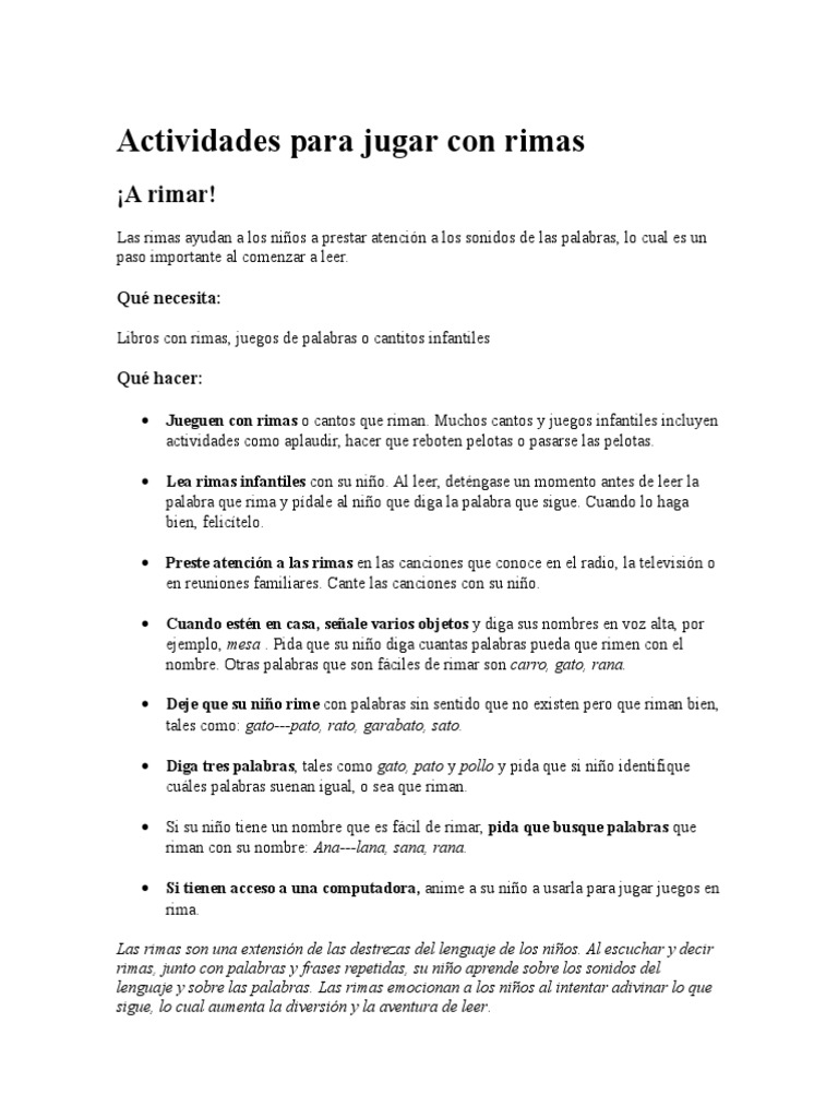 Actividades Lúdicas con Rimas para Niños | PDF