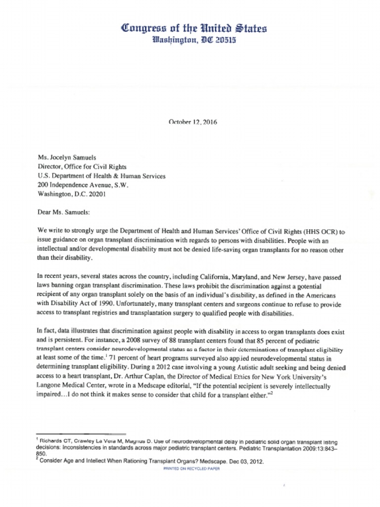 2016 10 12 Members Letter-HHS OCR Organ Transplant Discrimination ...