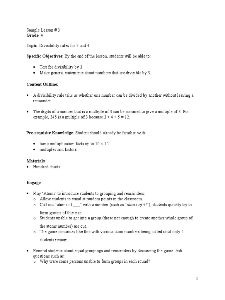 Sample Lesson Divisibility Pdf Educational Psychology Cognitive