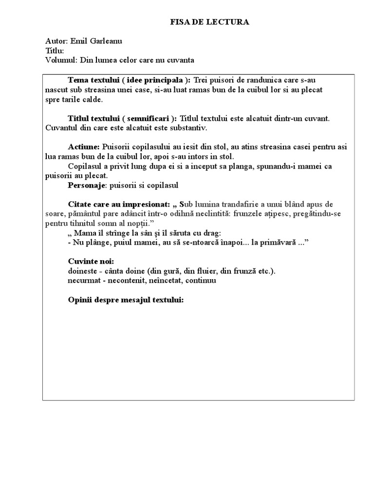 Fisa de Lectura Puisorii de Emil Garleanu | PDF