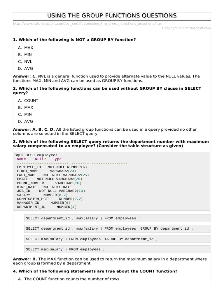 Using The Group Functions Questions | PDF | Sql | Table (Database)