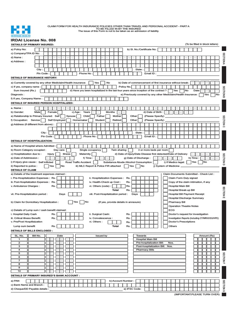 Claim Form for Health Insurance Policies - Document Providing Details ...