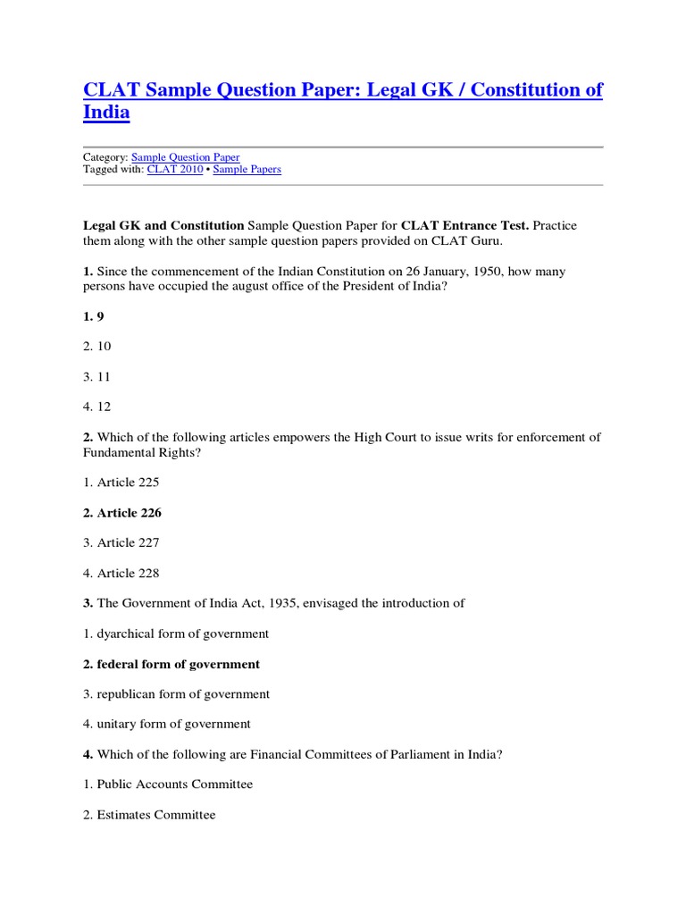 CLAT Sample Paper: Legal GK & Constitution | PDF