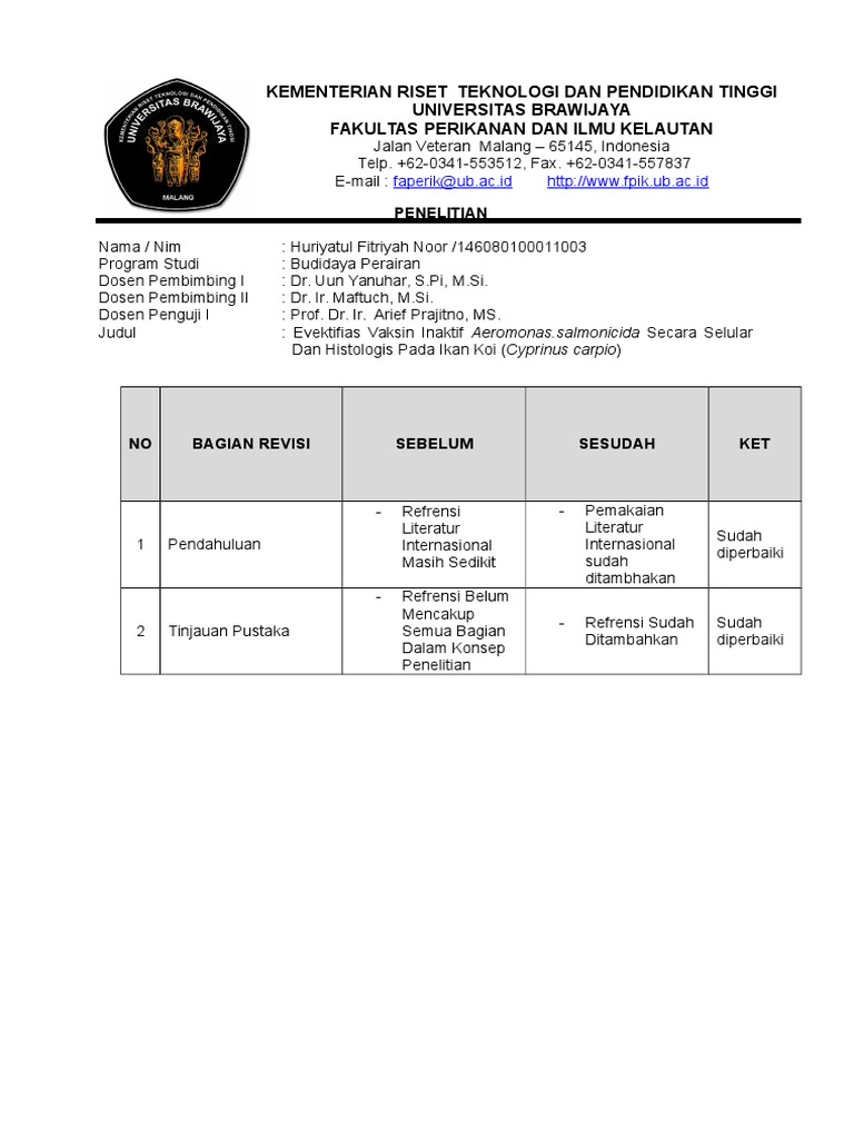 Lembar Revisi Sempro Fpik Ub | PDF