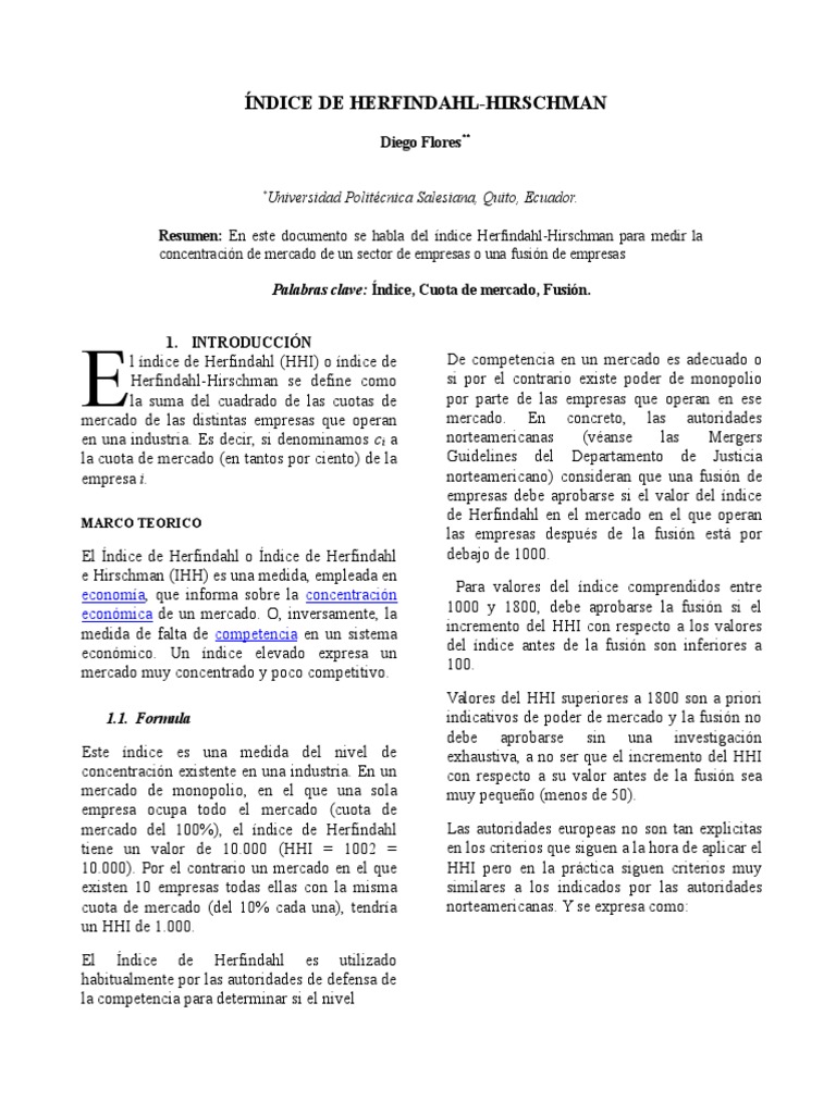 Indice Herfindall Hirsman | PDF | Monopolio | Mercado (economía)