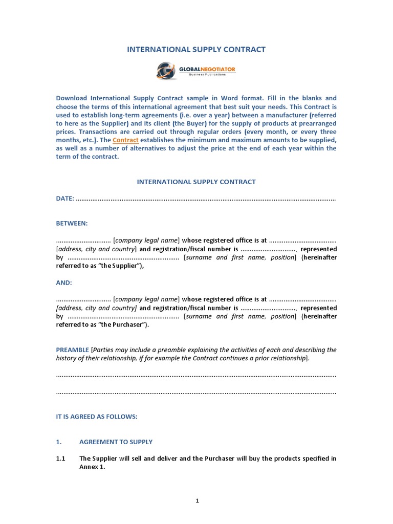 International Supply Contract Template | PDF | Arbitration | Law Of Agency