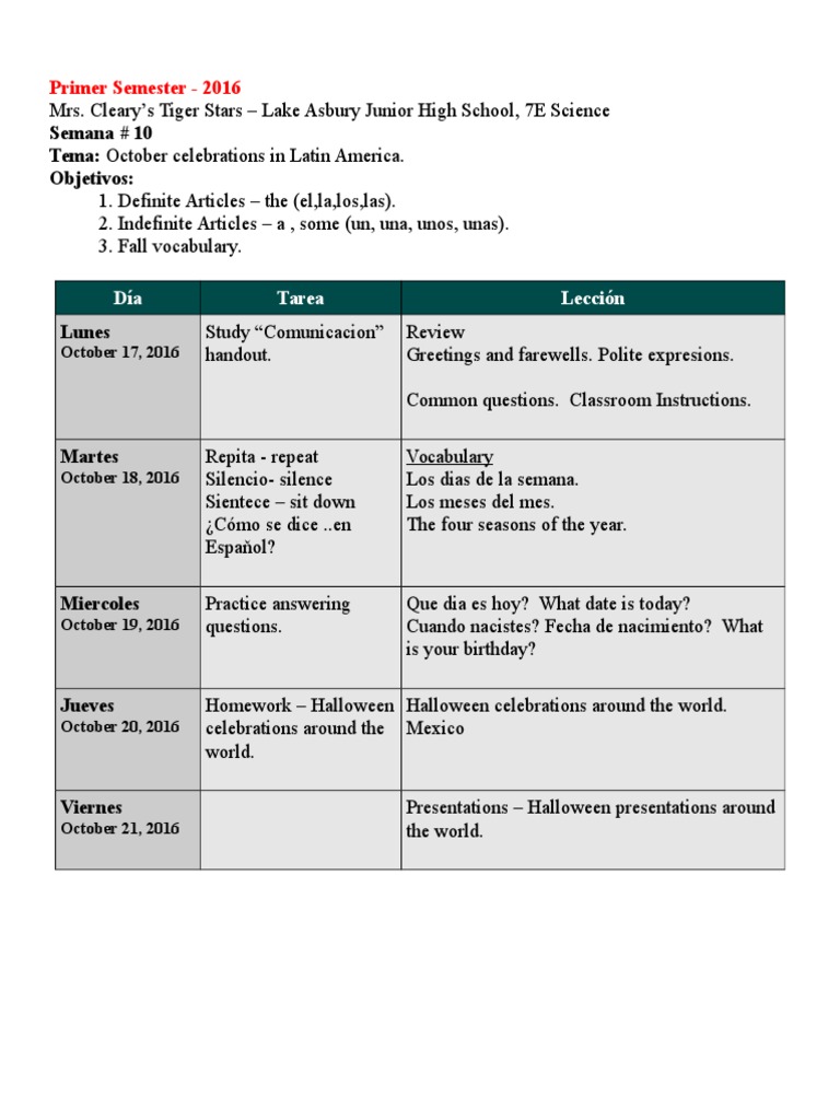 Día Tarea Lección: Semana # 10 Tema: October Celebrations in Latin ...