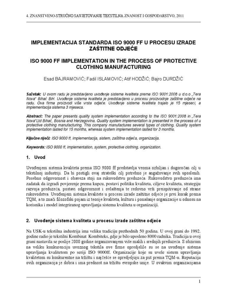 Implementacija Standarda ISO 9001 U Procesu Izrade Odjece | PDF