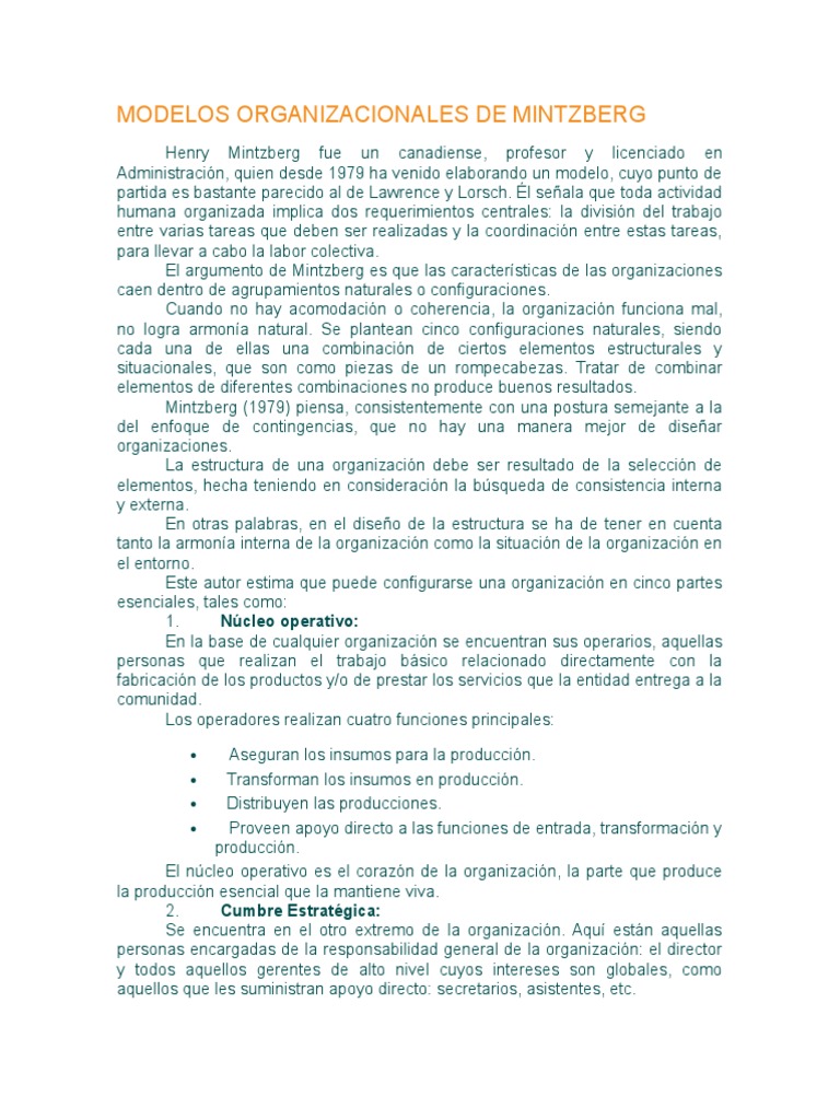 Modelos Organizacionales de Mintzberg | PDF | Cognición | Business
