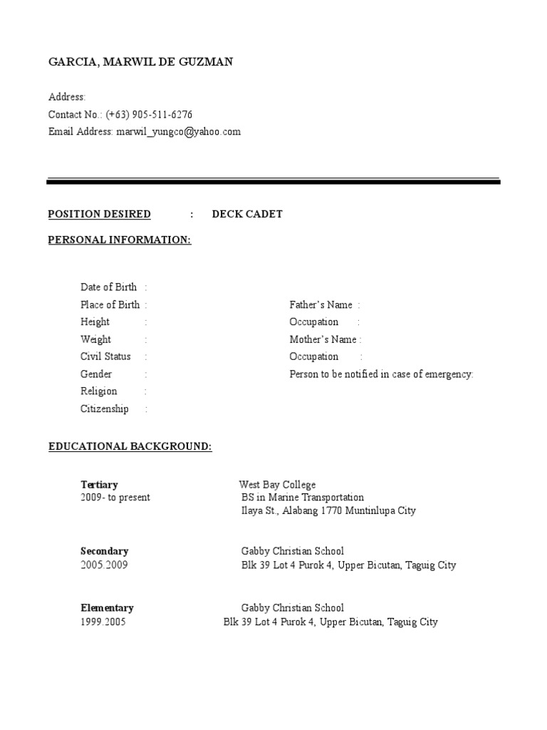 Resume For Deck Cadet | PDF
