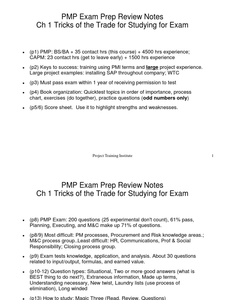 PMP Exam Prep Review Notes Ch 1 - Tricks of the Trade | Test ...