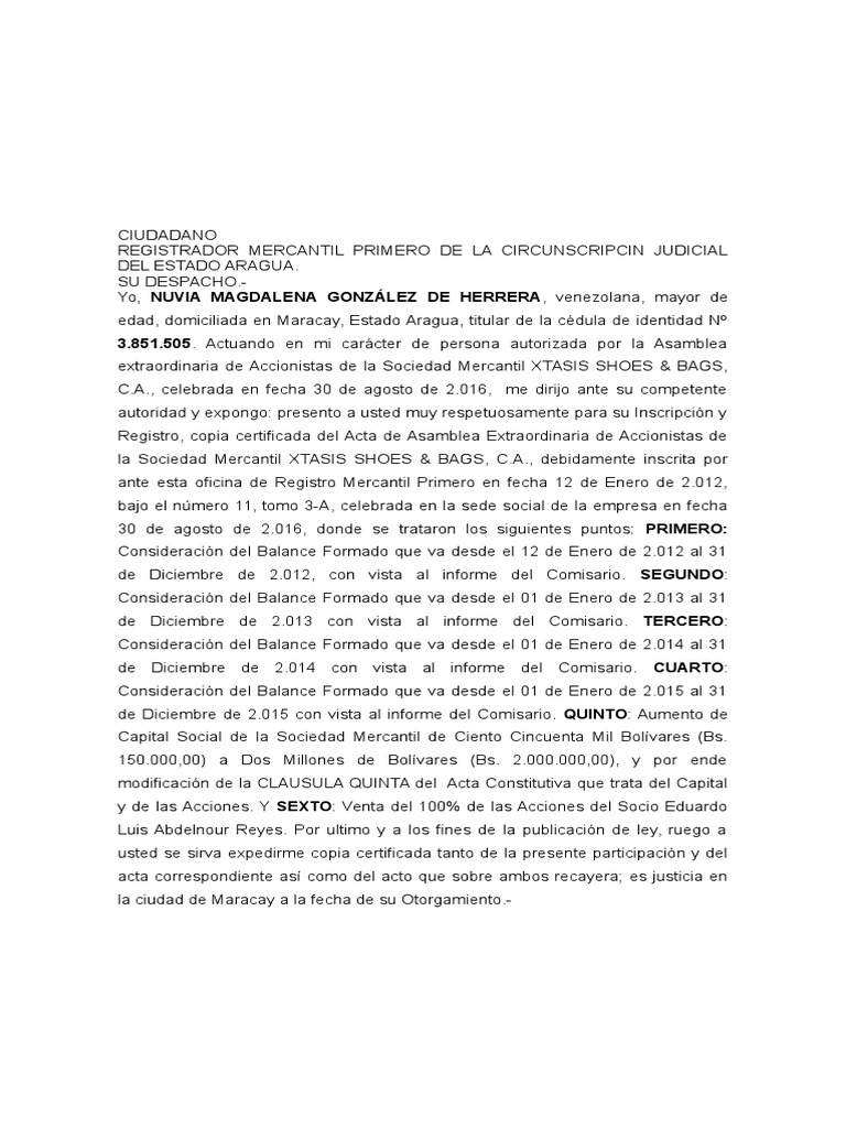 ACTA de ASMBLEAS Xtasis Shoes & Bags, C.a..doc Corregida | PDF | Liquidación | Compartir (Finanzas)