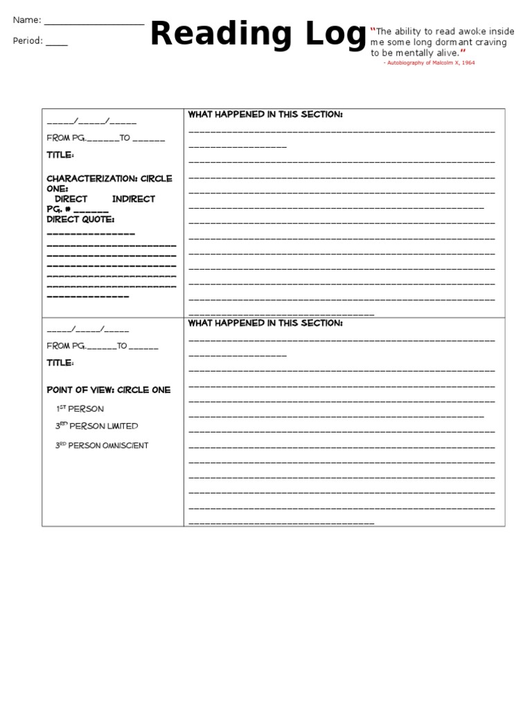 Reading Log 1 2016 | PDF