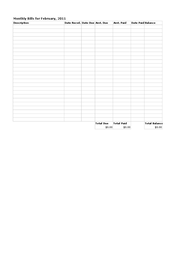 Monthly Bills Spreadsheet Template | PDF