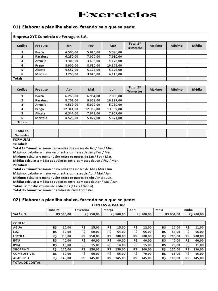 Exercicios Excel | PDF | Science | Tecnologia (geral)