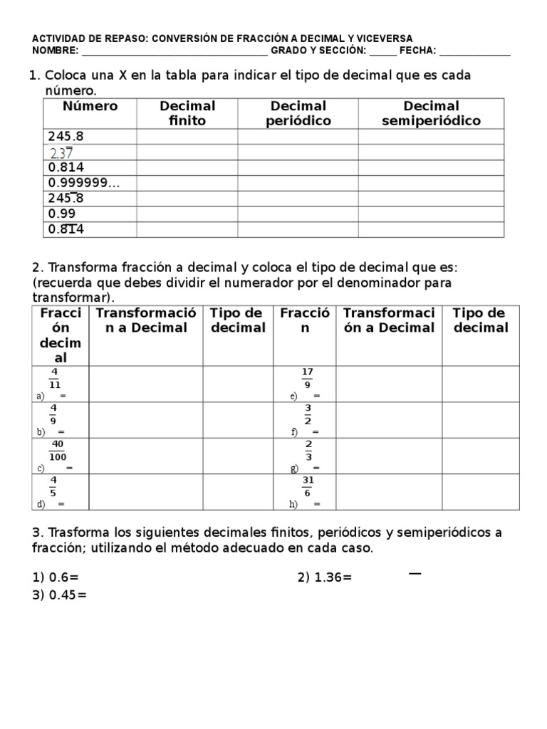 Conversión de Fracciones y Decimales | PDF | Métodos y materiales de ...