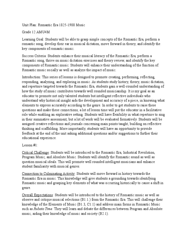 Grade 12 Music Unit Plan Romantic Era | PDF | Composers ...