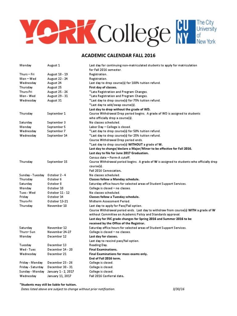 Fall 2016 Calendar | PDF | Final Examination | Academic Term