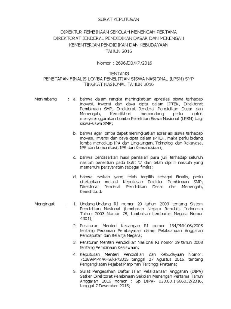 SK Penetapan FInalis LPSN 2016 | PDF