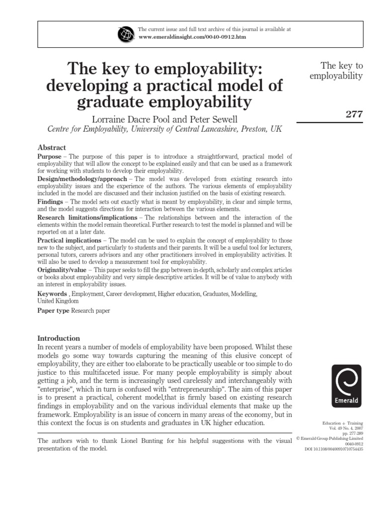The Key To Employability Model Of Graduate Employability Pdf Pdf