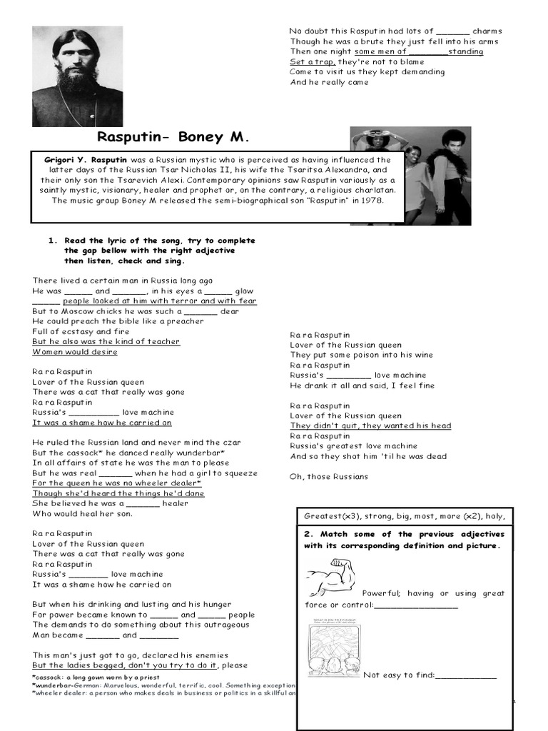 Rasputin-Boney M - Worksheet, Adjectives | PDF | Mystery, Thriller ...