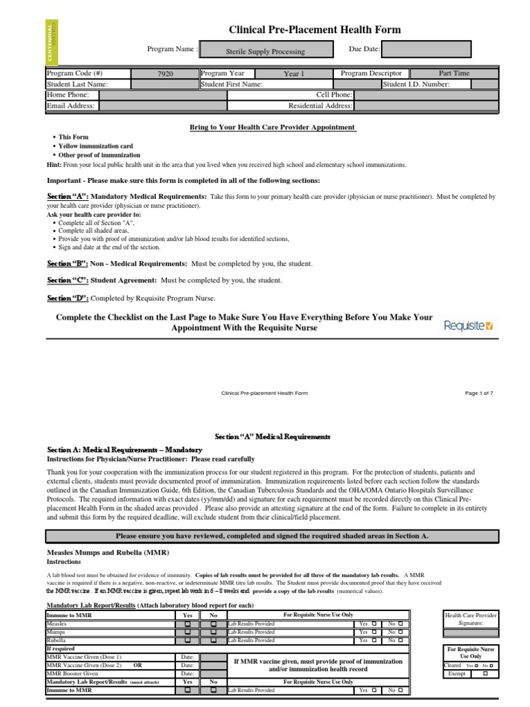Clinical Pre-Placement Health Form Requirements | PDF | Tuberculosis ...