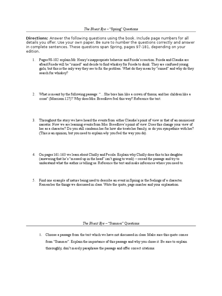The Bluest Eye Spring Questions | PDF