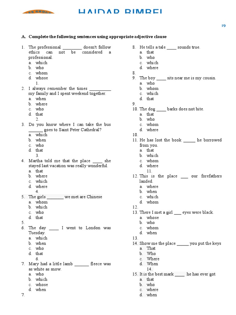 Adjective Clause Exercises | PDF | Syntactic Relationships | Morphology