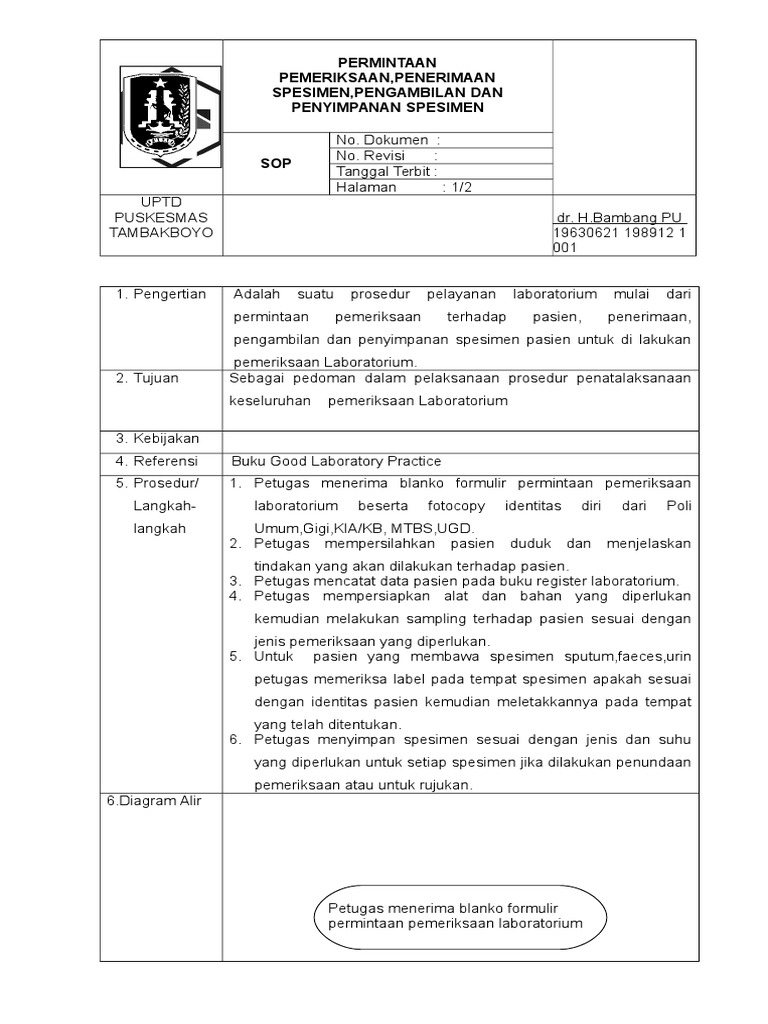 8.1.2.1 SOP Permintaan Pemeriksaan, Penerimaan Spesimen, Pengambilan Dan Penyimpanan Spesimen | PDF