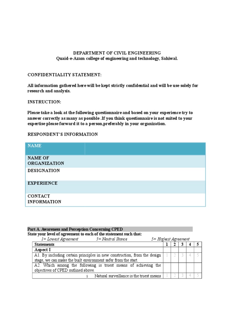 Civil Engineering Department Questionnaire | PDF | Surveillance