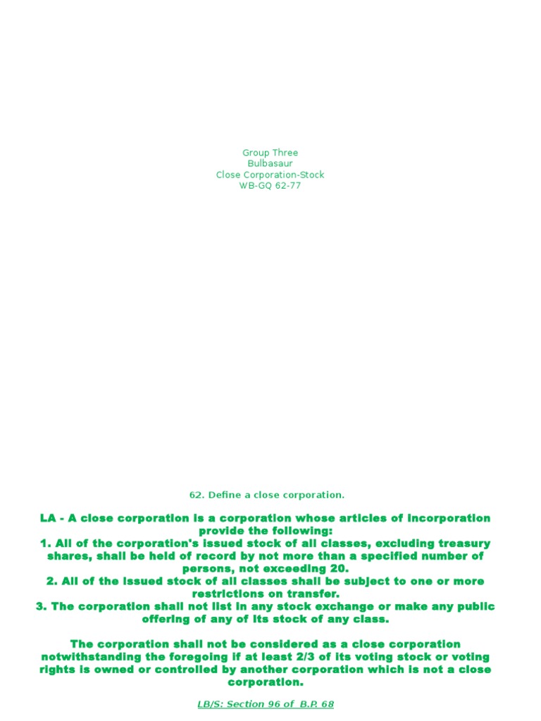 Understanding Close Corporations and Their Regulations | PDF ...