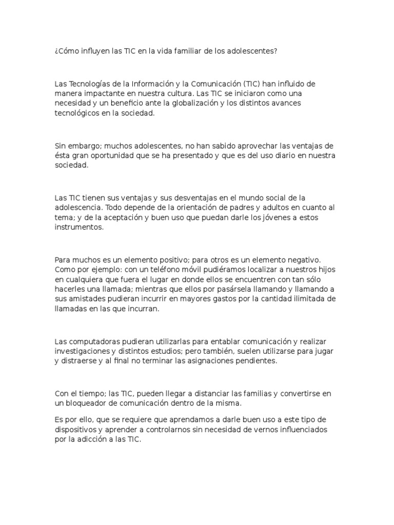 Cómo Influyen Las TIC en La Vida Familiar de Los Adolescentes | PDF ...