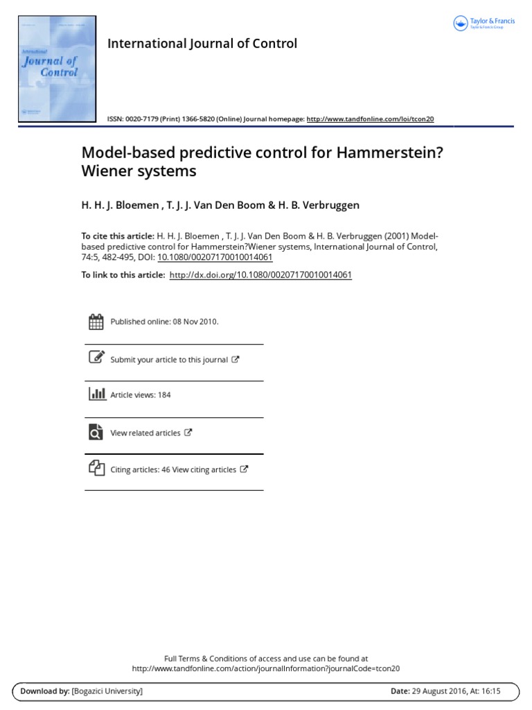 Paper1 Model Based Predictive Control For Hammerstein Wiener Systems Pdf Nonlinear System