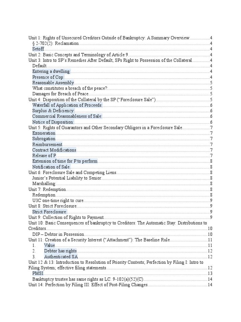 Secured Transactions Outline | PDF | Repossession | Security Interest