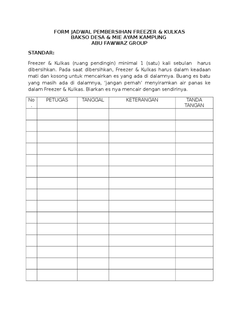 Jadwal Pembersihan Freezer & Kulkas | PDF | Memasak, Makanan, & Anggur