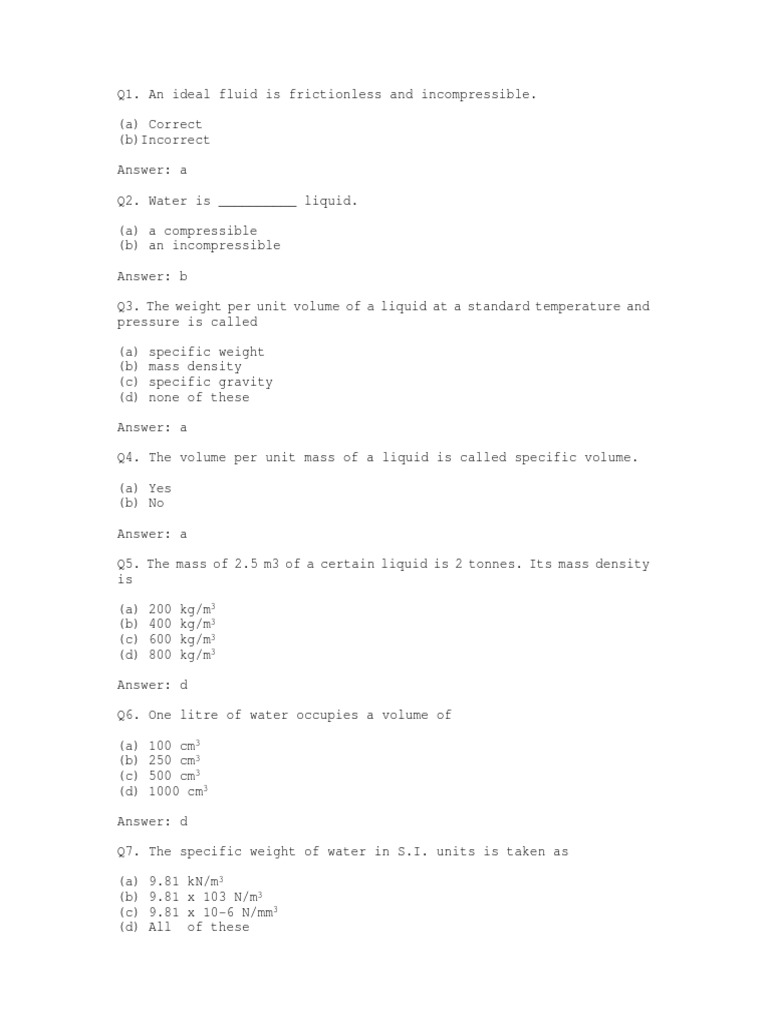 Fluid Mechanics Quiz Questions | PDF | Buoyancy | Viscosity