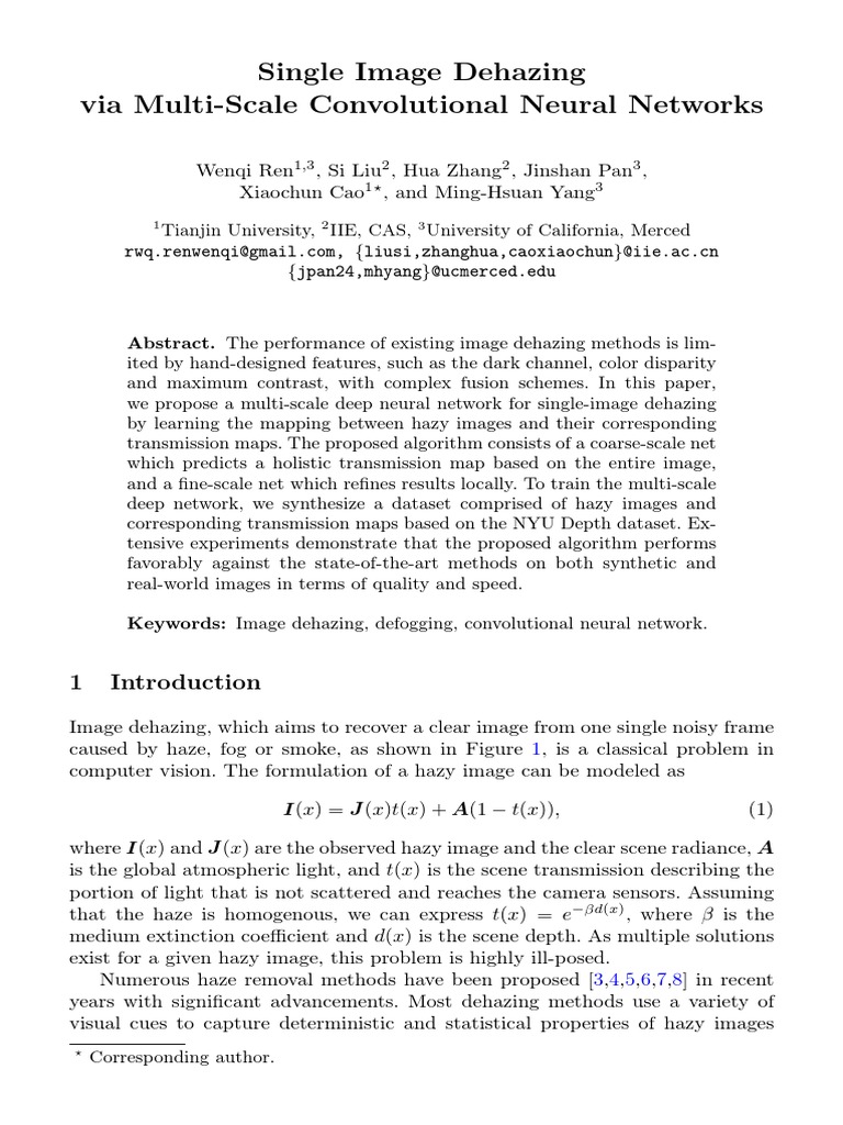 Single Image Dehazing Via Multi-Scale Convolutional Neural Networks | PDF | Artificial Neural ...