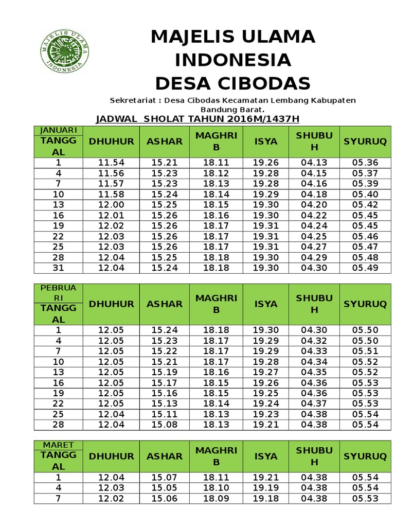 Majelis Ulama Indonesia Desa Cibodas: Jadwal Sholat Tahun 2016M/1437H ...