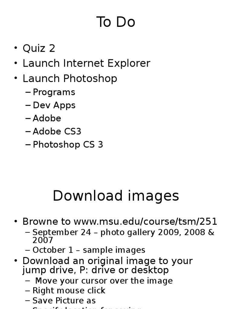 To Do: - Quiz 2 - Launch Internet Explorer - Launch Photoshop | PDF ...