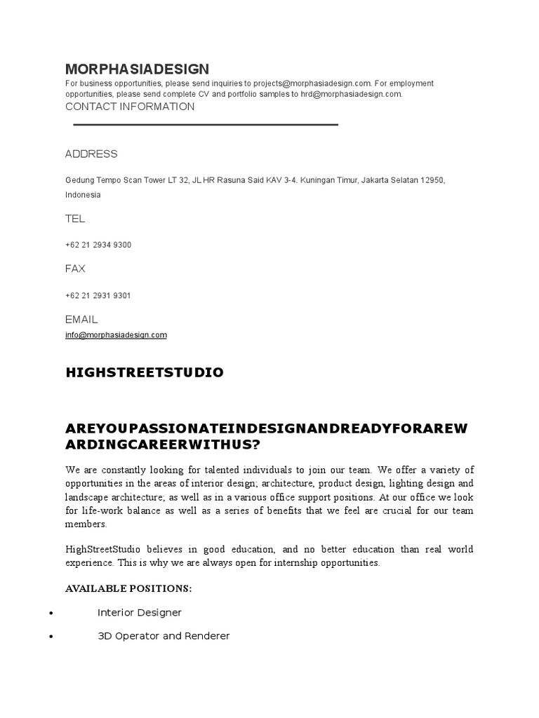 Contact and Employment Opportunity Information for Morphasia Design and ...