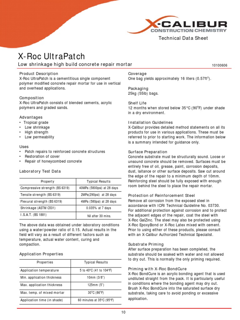 X-Roc Ultrapatch: Technical Data Sheet | PDF | Mortar (Masonry) | Concrete
